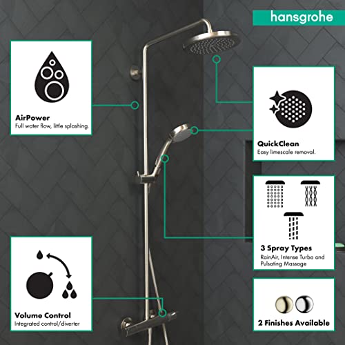 hansgrohe Croma Shower Faucet Set with Handheld Shower, Rain AirPower Spray, QuickClean Showerpipe Shower Set in Brushed Nickel, 27185821