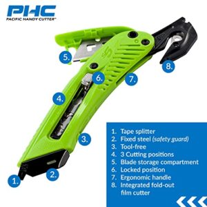 Pacific Handy Cutter S5R Safety Cutter, Right Handed Retractable Utility Knife & Ergonomic Film Cutter, Bladeless Tape Splitter, Steel Guard, Safety & Damage Protection, Warehouse & In-Store Cutting , green