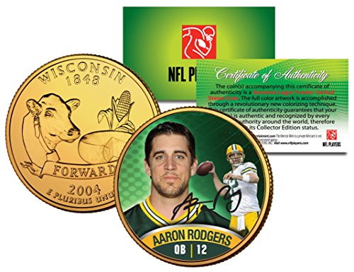 Aaron Rodgers Colorized Wisconsin Statehood Quarter 24K Gold Plated Coin Packers