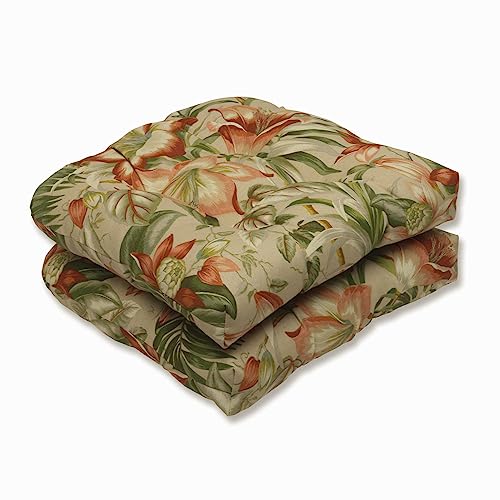 Pillow Perfect Tropic Floral Indoor/Outdoor Chair Seat Cushion, Tufted, Weather, and Fade Resistant, 19" x 19", Tan Botanical Glow, 2 Count