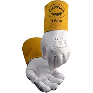 caiman premium goat grain tig welding glove, 4-inch gold extended cuff, unlined, kevlar thread, 3-inch carabiner, white, medium (1600-4)