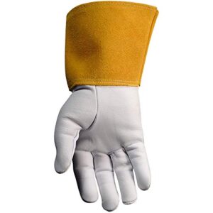 Caiman Premium Goat Grain TIG Welding Glove, 4-inch Gold Extended Cuff, Unlined, Kevlar Thread, 3-inch Carabiner, White, Medium (1600-4)