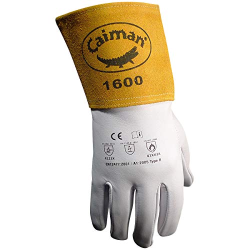 Caiman Premium Goat Grain TIG Welding Glove, 4-inch Gold Extended Cuff, Unlined, Kevlar Thread, 3-inch Carabiner, White, Medium (1600-4)