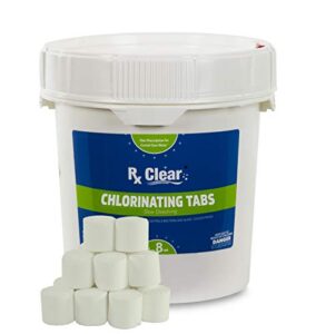 rx clear 1-inch stabilized chlorine tablets | use as bactericide, algaecide, and disinfectant in swimming pools and spas | slow dissolving and uv protected | 8 lbs