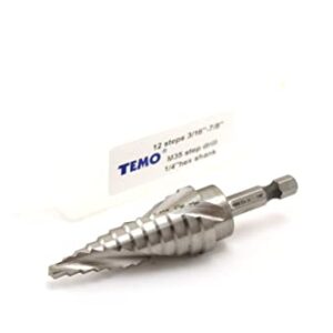 TEMO M35 Cobalt Spiral Flute Step Drill, 12 Size From 3/16 Inch To 7/8 Inch, 1/4 Inch Hex Shank