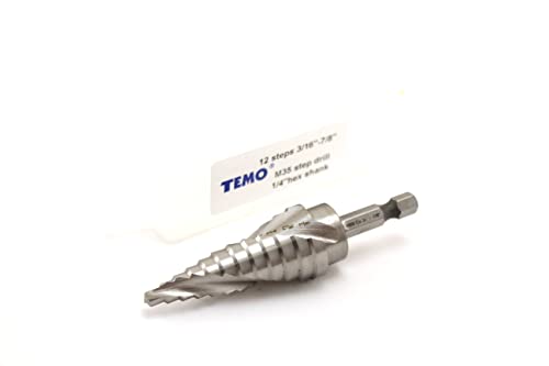 TEMO M35 Cobalt Spiral Flute Step Drill, 12 Size From 3/16 Inch To 7/8 Inch, 1/4 Inch Hex Shank