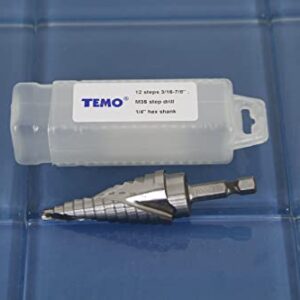 TEMO M35 Cobalt Spiral Flute Step Drill, 12 Size From 3/16 Inch To 7/8 Inch, 1/4 Inch Hex Shank