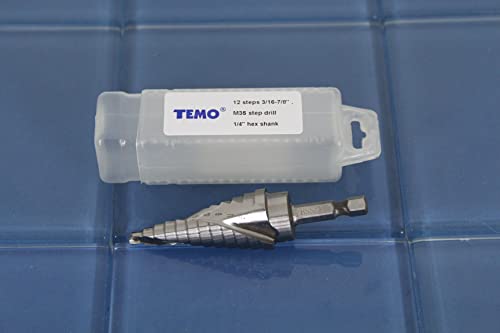 TEMO M35 Cobalt Spiral Flute Step Drill, 12 Size From 3/16 Inch To 7/8 Inch, 1/4 Inch Hex Shank