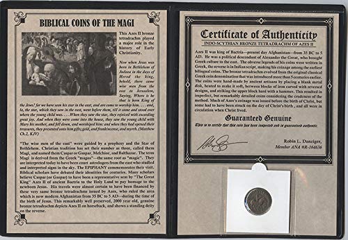 Bronze Biblical Coin of The Magi Tetradrachm. 35 BC - 5 AD. Azes II of Bactria Coin with COA & Story Portfolio