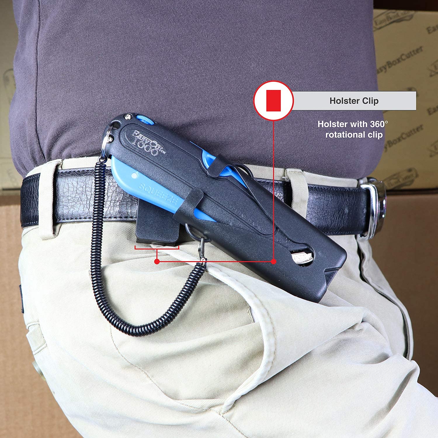 Modern Box Cutter, 3 blade depth setting, Squeeze Trigger and Edge Guides, Holster, Lanyard, Extra Blade - 1000 Blue