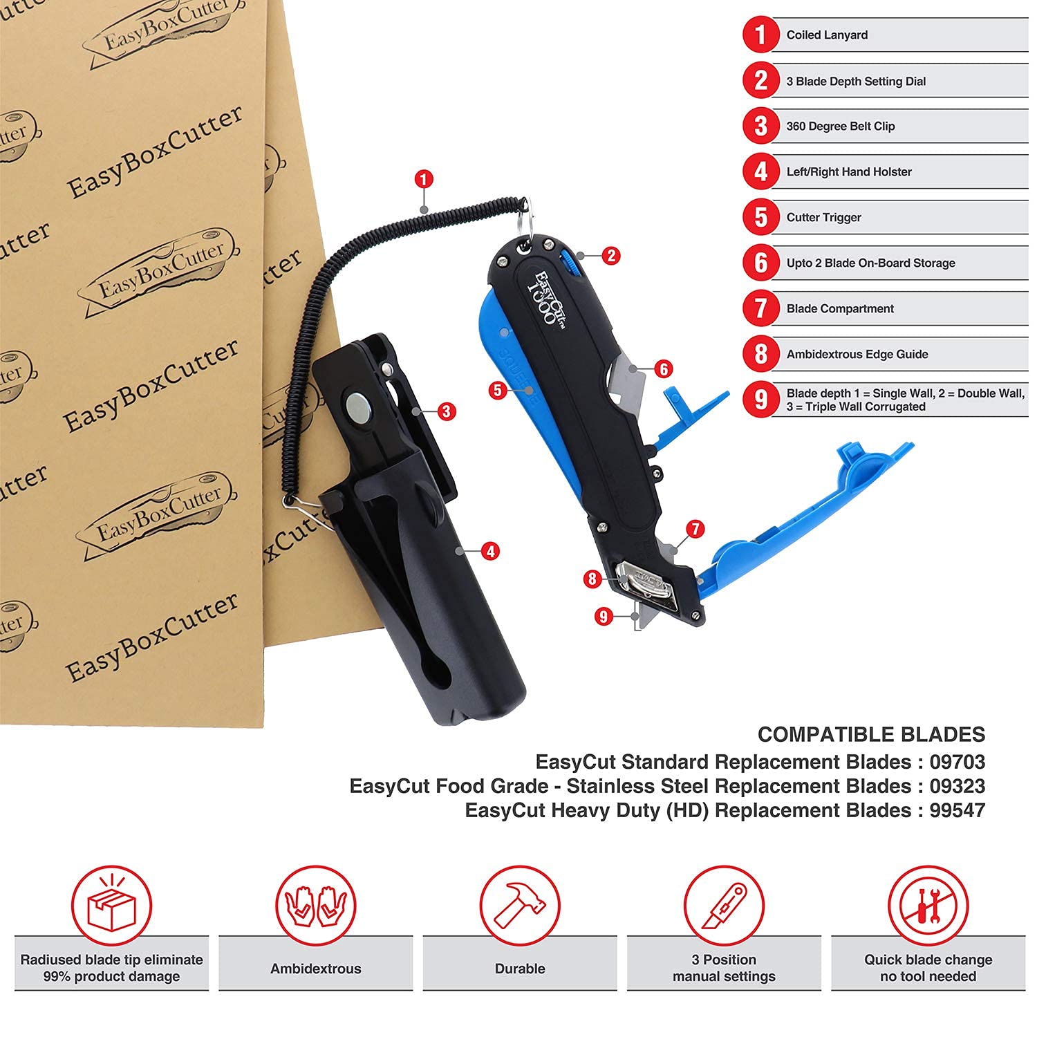 Modern Box Cutter, 3 blade depth setting, Squeeze Trigger and Edge Guides, Holster, Lanyard, Extra Blade - 1000 Blue