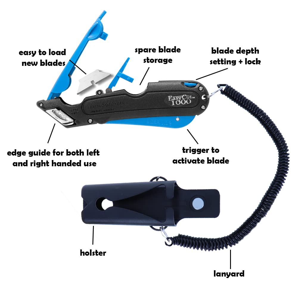 Modern Box Cutter, 3 blade depth setting, Squeeze Trigger and Edge Guides, Holster, Lanyard, Extra Blade - 1000 Blue