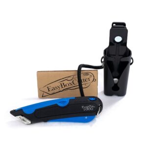 Modern Box Cutter, 3 blade depth setting, Squeeze Trigger and Edge Guides, Holster, Lanyard, Extra Blade - 1000 Blue