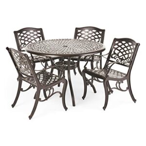 christopher knight home hallandale outdoor cast aluminum dining set for patio or deck, 5-pcs set, hammered bronze