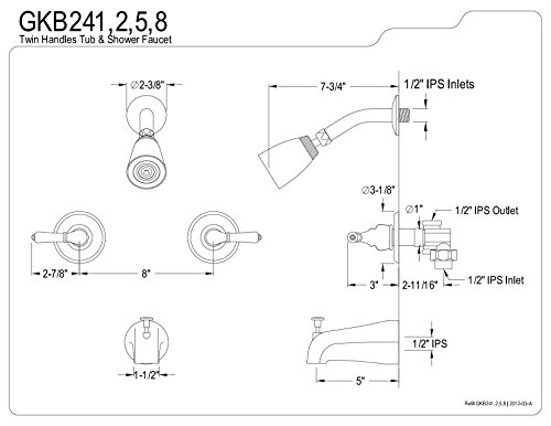 Kingston Brass GKB248 Magellan Tub and Shower Faucet with Two Handles, Brushed Nickel 11.68 x 8 x 7.38