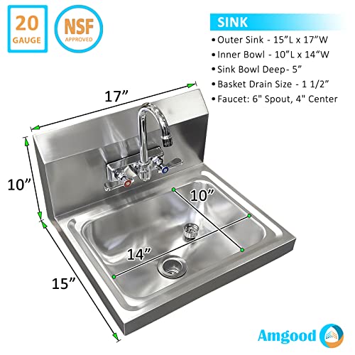 AmGood Wall Mounted Hand Sink with Gooseneck Faucet | 17" x 15"