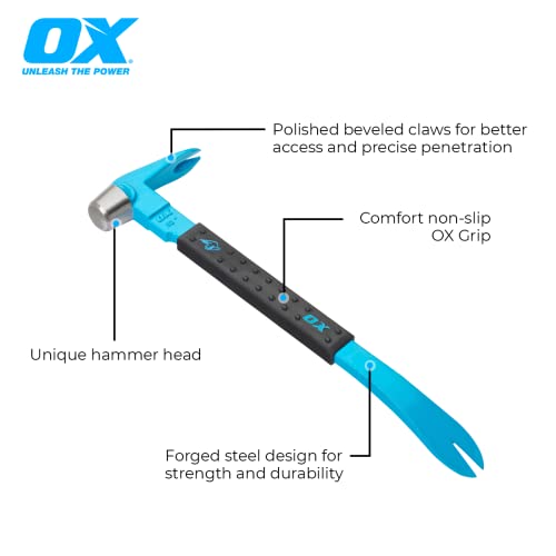 OX Tools Unique Hammer Head 12" Pry Bar - Multi-Functional Tool with Cats Paw, Crowbar | Rubber Grip, Polished Beveled Claws - Forged Steel Design for Strength and Durability