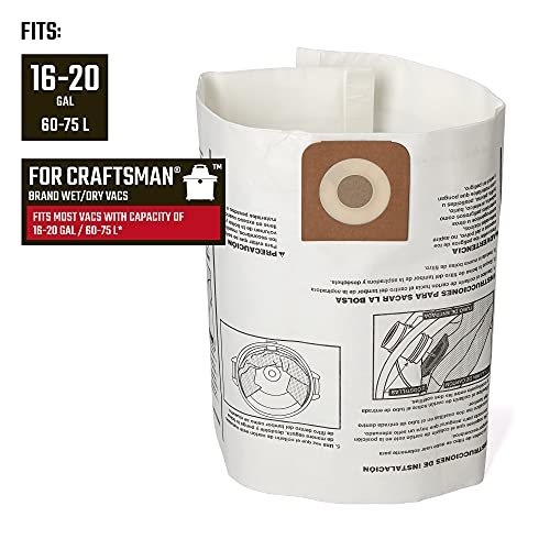 CRAFTSMAN CMXZVBE38749 General Purpose Wet/Dry Shop Vacuum Dust Collection Bags for 16 and 20 Gallon Shop Vacuums, 3-Pack