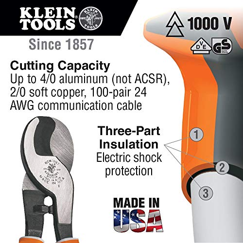 Klein Tools 63050-EINS Cable Cutters, Electricians Insulated Cable Cutter, Cuts Aluminum, Soft Copper, Communications Cable