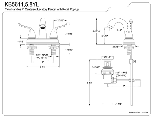 Kingston Brass KB5618YL Yosemite 4 Inch Centerset Two Handle Lavatory Faucet, 3-5/8 inch in Spout Reach, Brushed Nickel