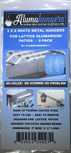 Alumahangers Made in USA. powder coated steel hangers - 3"x 8" Lattice Hanger (6 pack) "White" for Alumawood Lattice or pergola patio covers - easy to use and great for heavier decorating items!