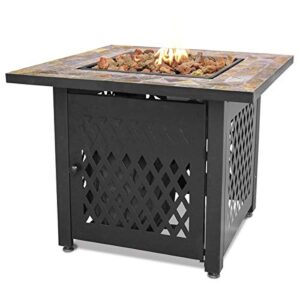 endless summer 30 inch square 30,000 btu lp gas outdoor firepit table with slate tile mantel, diamond design steel base, lava rock, and cover, brown