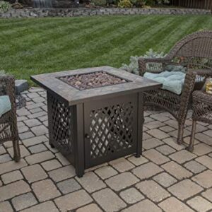 Endless Summer 30 Inch Square 30,000 BTU LP Gas Outdoor Firepit Table with Slate Tile Mantel, Diamond Design Steel Base, Lava Rock, and Cover, Brown