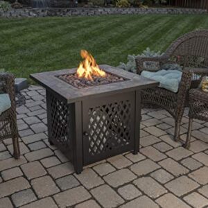 Endless Summer 30 Inch Square 30,000 BTU LP Gas Outdoor Firepit Table with Slate Tile Mantel, Diamond Design Steel Base, Lava Rock, and Cover, Brown