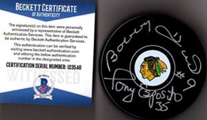 beckett-bas bobby hull & tony esposito autographed signed chicago blackhawks puck