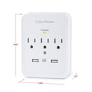 CyberPower CSP300WUR1 Professional Surge Protector, 600J/125V, 3 Outlets, 2 USB Charge Ports (2.1 Amps Shared) Wall Tap Plug