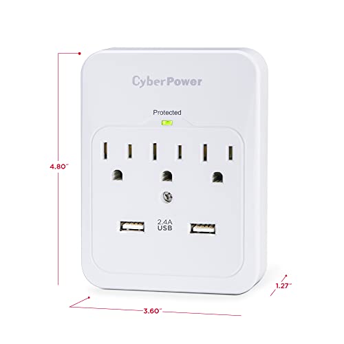 CyberPower CSP300WUR1 Professional Surge Protector, 600J/125V, 3 Outlets, 2 USB Charge Ports (2.1 Amps Shared) Wall Tap Plug