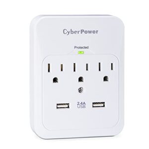 CyberPower CSP300WUR1 Professional Surge Protector, 600J/125V, 3 Outlets, 2 USB Charge Ports (2.1 Amps Shared) Wall Tap Plug