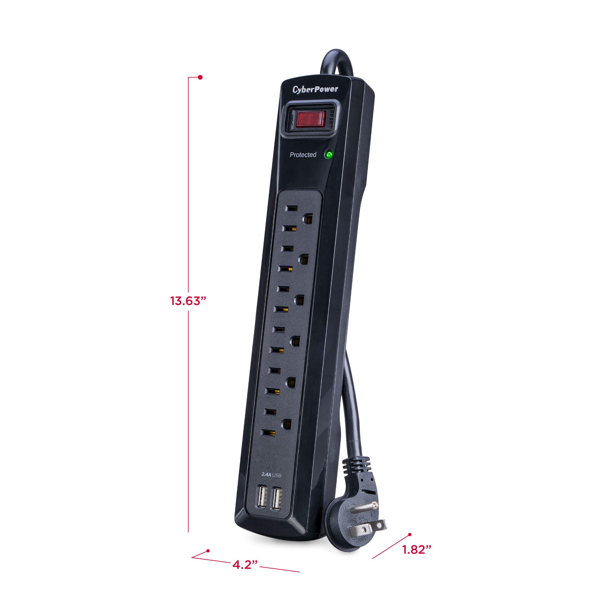 CyberPower CSP604U Professional Surge Protector, 1200J/125V, 6 Outlets, 2 USB Charge Ports, 4ft Power Cord, Black