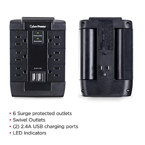 CyberPower CSP600WSU Surge Protector, 1200J/125V, 6 Swivel Outlets, 2 USB Charging Ports, Wall Tap Design, Black