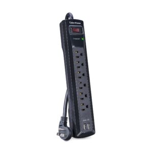 CyberPower CSP604U Professional Surge Protector, 1200J/125V, 6 Outlets, 2 USB Charge Ports, 4ft Power Cord, Black