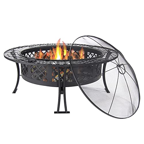 Sunnydaze 40-Inch Round Steel Fire Pit Table with Durable Spark Screen and Poker - Portable Design - Black - Diamond Weave