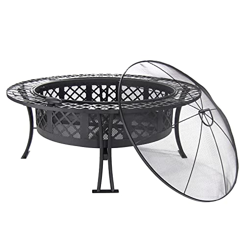 Sunnydaze 40-Inch Round Steel Fire Pit Table with Durable Spark Screen and Poker - Portable Design - Black - Diamond Weave