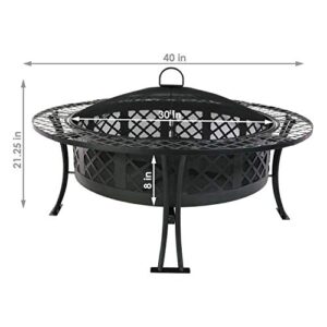 Sunnydaze 40-Inch Round Steel Fire Pit Table with Durable Spark Screen and Poker - Portable Design - Black - Diamond Weave