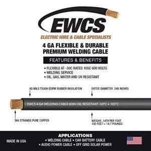 EWCS 4 Gauge Premium Extra Flexible Welding Cable 600 Volt - Black - 100 Feet - Made in The USA