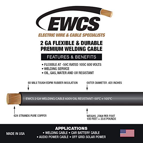 EWCS 2 Gauge Premium Extra Flexible Welding Cable 600 Volt - Back - 100 Feet - Made in The USA