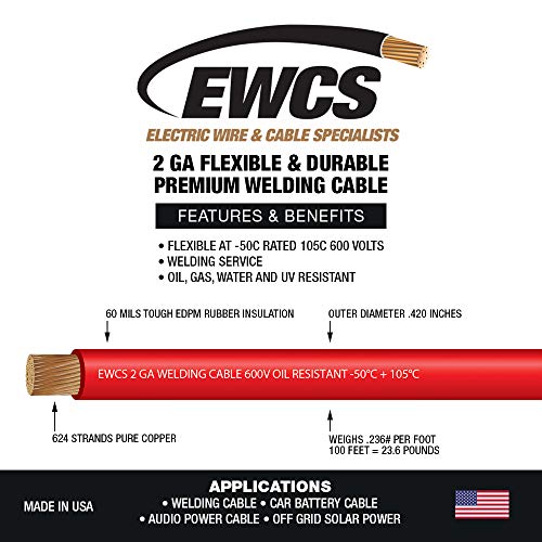 EWCS 2 Gauge Premium Extra Flexible Welding Cable 600 Volt - Red - 25 Feet - Made in The USA