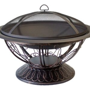 Hiland FT-022 Wood Burning Fire Pit w/Wood Grate and Domed Mesh Screen Lid w/Poker Included, Round, Antiqued Black