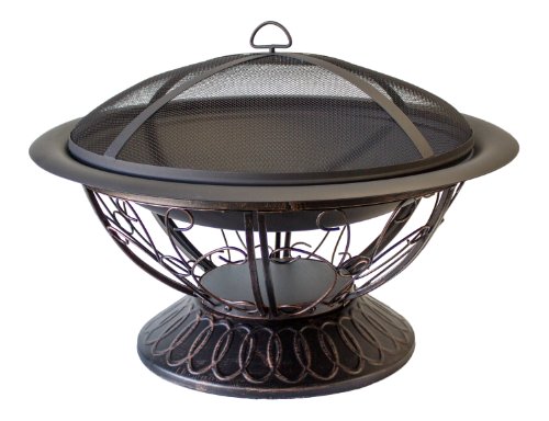 Hiland FT-022 Wood Burning Fire Pit w/Wood Grate and Domed Mesh Screen Lid w/Poker Included, Round, Antiqued Black