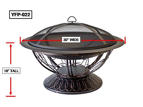 Hiland FT-022 Wood Burning Fire Pit w/Wood Grate and Domed Mesh Screen Lid w/Poker Included, Round, Antiqued Black