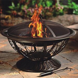 Hiland FT-022 Wood Burning Fire Pit w/Wood Grate and Domed Mesh Screen Lid w/Poker Included, Round, Antiqued Black