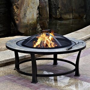 Hiland FT-51216 Burning Fire Pit w/Wood Grate and Domed Mesh Screen Lid, Medium, Stone