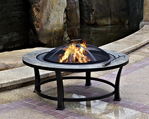 Hiland FT-51216 Burning Fire Pit w/Wood Grate and Domed Mesh Screen Lid, Medium, Stone