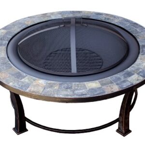 Hiland FT-51216 Burning Fire Pit w/Wood Grate and Domed Mesh Screen Lid, Medium, Stone