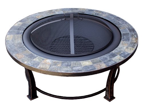 Hiland FT-51216 Burning Fire Pit w/Wood Grate and Domed Mesh Screen Lid, Medium, Stone