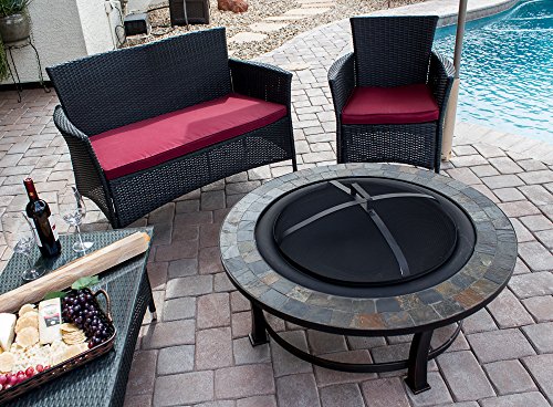 Hiland FT-51216 Burning Fire Pit w/Wood Grate and Domed Mesh Screen Lid, Medium, Stone